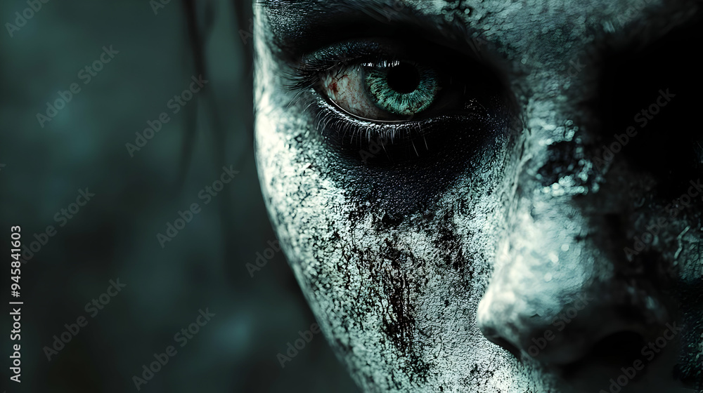 A Close-Up of a Blood-Stained Eye, Horror Makeup, The Gaze of a Monster ...