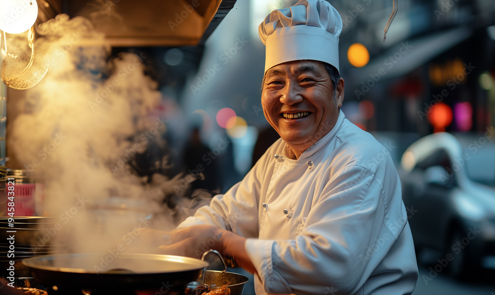 Asian Street food chef cooking in a frying pan with a high flameon ...
