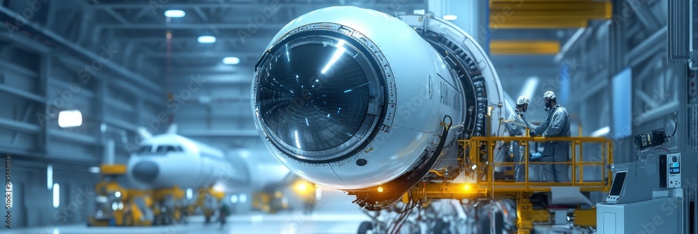 A close-up of a high-tech aircraft engine being assembled in a modern ...