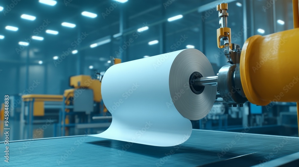 A close-up view of a paper roll being produced on a paper mill ...