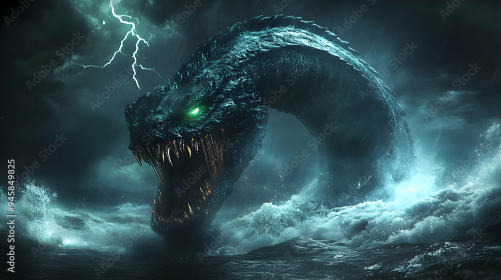 Sea Serpent Rising from the Depths, Jaws Agap, Lightning Strikes Amidst ...