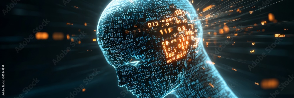 A digital human face dissolving into a swirl of binary code, symbolizing the convergence of ...