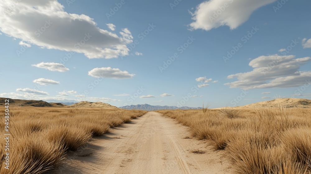 A dusty, sandy road winds through a barren desert landscape, vanishing ...