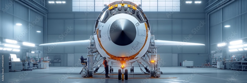 A futuristic spacecraft under construction in a high-tech aerospace ...