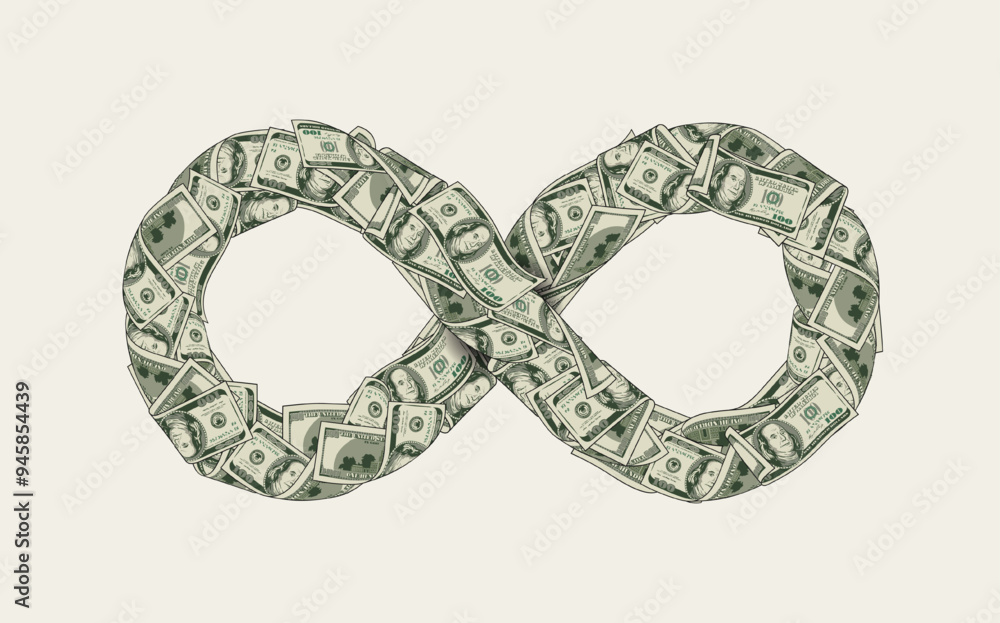 Money dollar composition in form of infinity symbol made with 100 ...