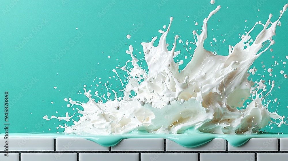 A splash of milk appears on a blue-and-white tiled wall next to a green ...