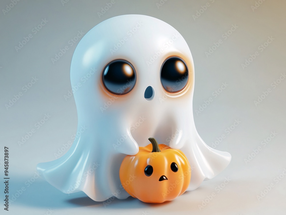 Anime-style ghost statue floating with soft pastel colors and big eyes ...