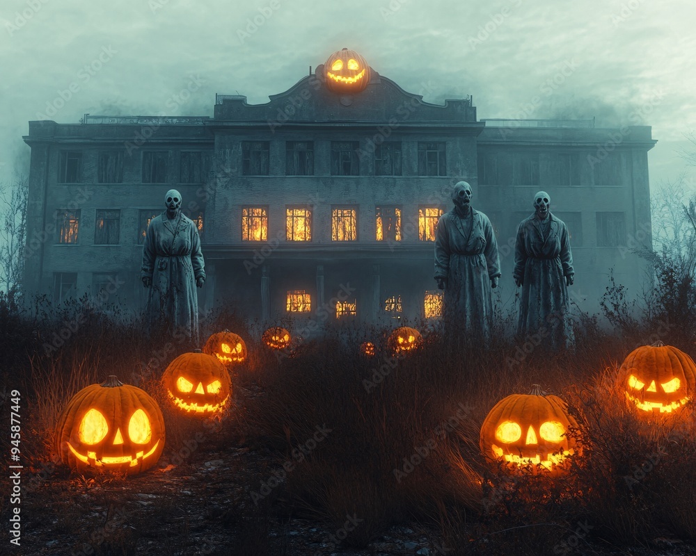 Creepy Halloween hospital statue old and abandoned glowing jack-o ...