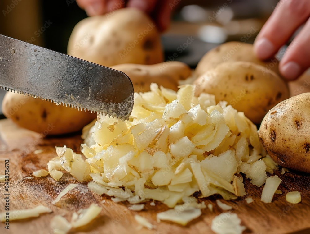 Peeler removing the skin from a potato, with a focus on clean cuts ...