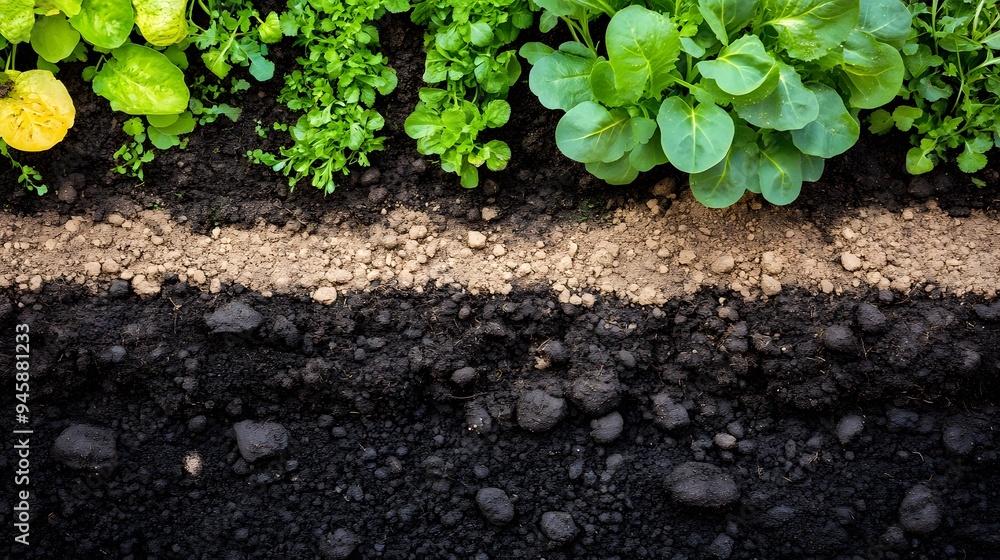 Different crops growing in sections of soil with varied pH levels, soil ...