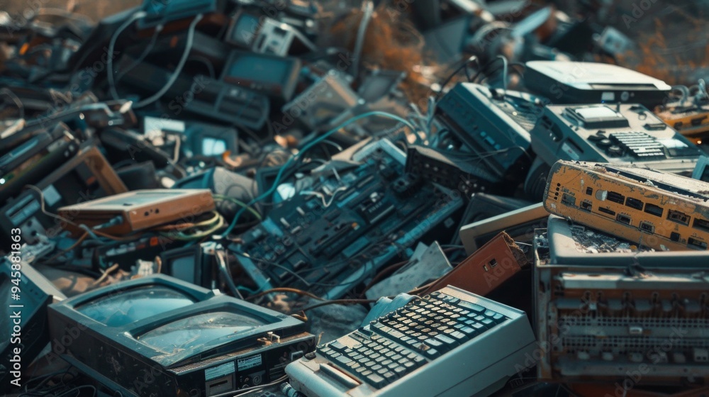 A photo depicts a pile of old electronics like TVs and computers ...