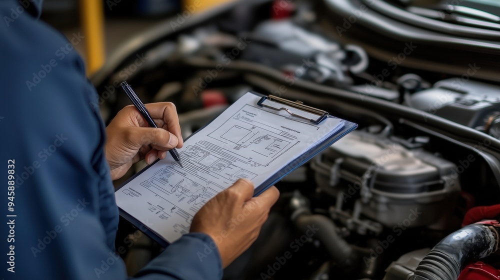 Mechanic Writing on Inspection Checklist in Car Workshop. Mechanic ...