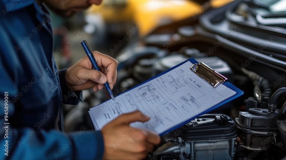 Mechanic Filling Out Maintenance Checklist in Auto Workshop. Mechanic ...