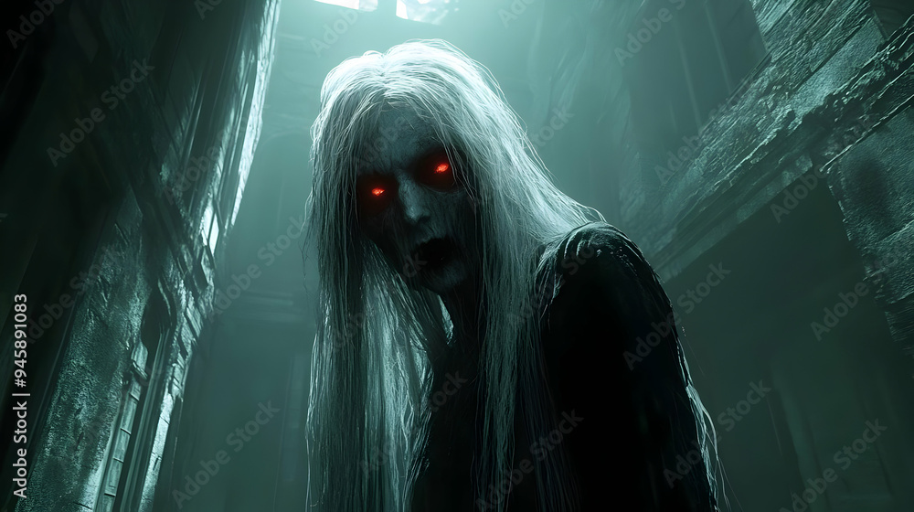 Haunted House Ghost Woman with Glowing Red Eyes in a Creepy Setting ...
