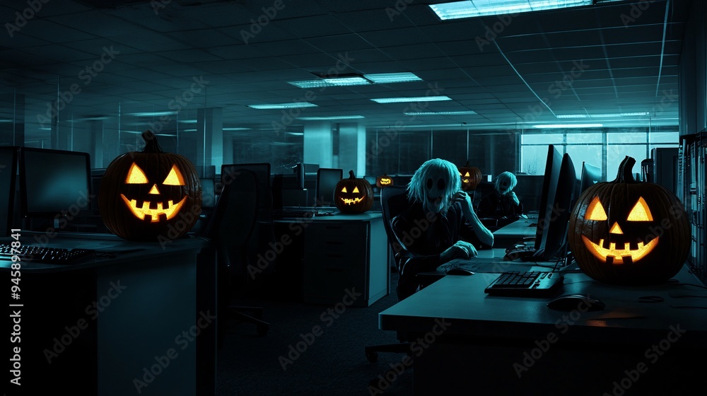 Spooky Halloween office statue dark office cubicles with glowing jack-o ...