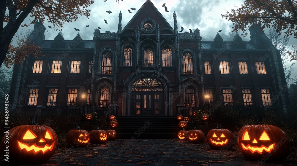 Spooky Halloween school statue old gothic building with glowing jack-o ...