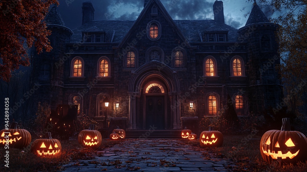 Spooky Halloween school statue old gothic building with glowing jack-o ...
