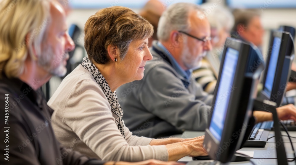Adults using computers in a classroom setting, focused on their screens ...