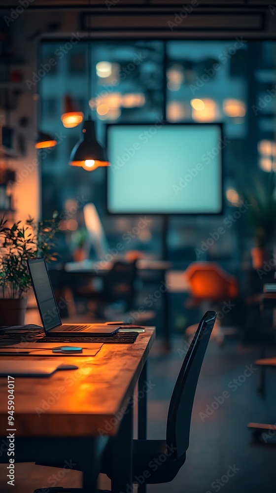 An office setup for presentations, featuring a large, blurred ...