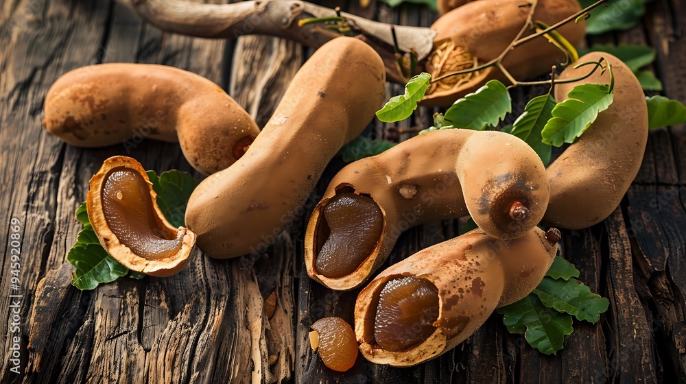 Rustic wooden surface with tamarind pods arranged some pods split open ...