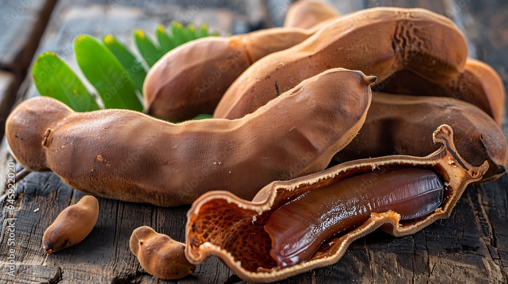 Detailed view of tamarind pods on a rustic wooden surface with some ...