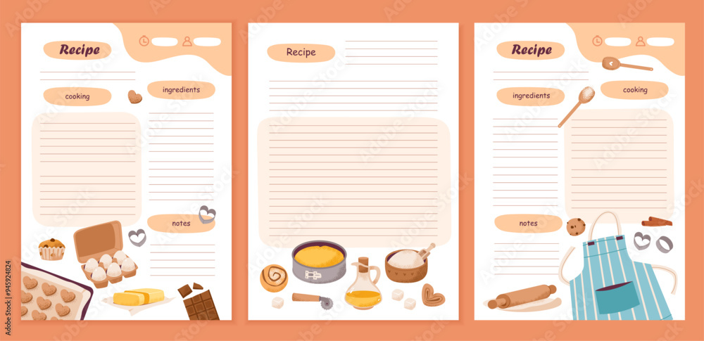 Recipe cards and meal planner. Template cookbook sheets for recipe ...