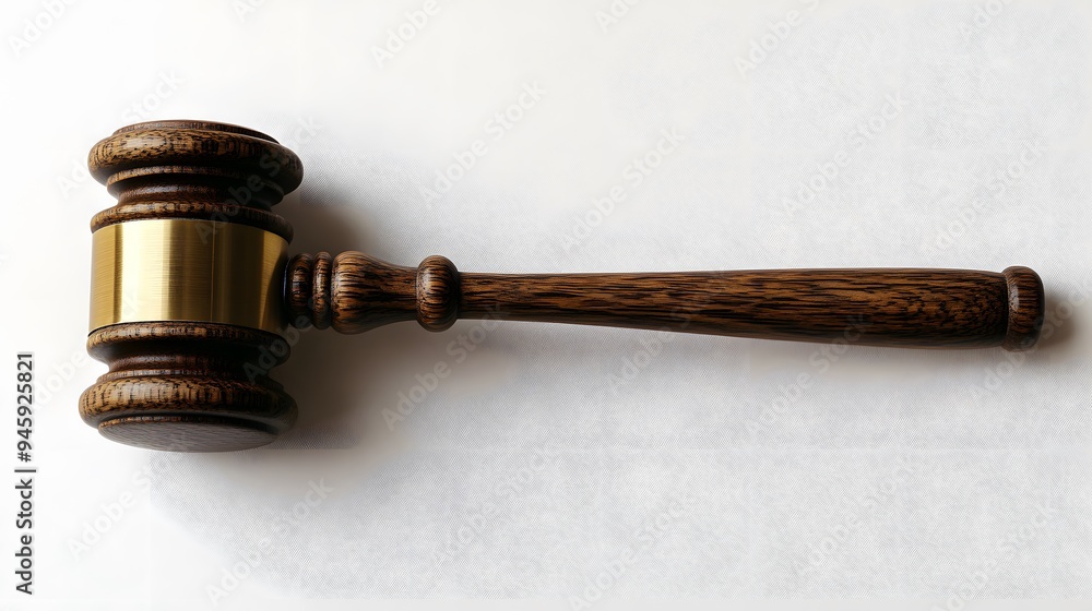 Wooden judge's gavel with brass band, detailed grain texture, rich ...