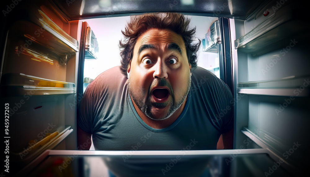 Extreme close-up of an obese shocked man looking in completely empty ...