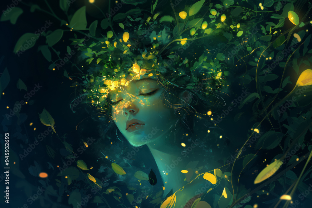 Ethereal Female Face Blended with Nature and Illuminated by Glowing ...