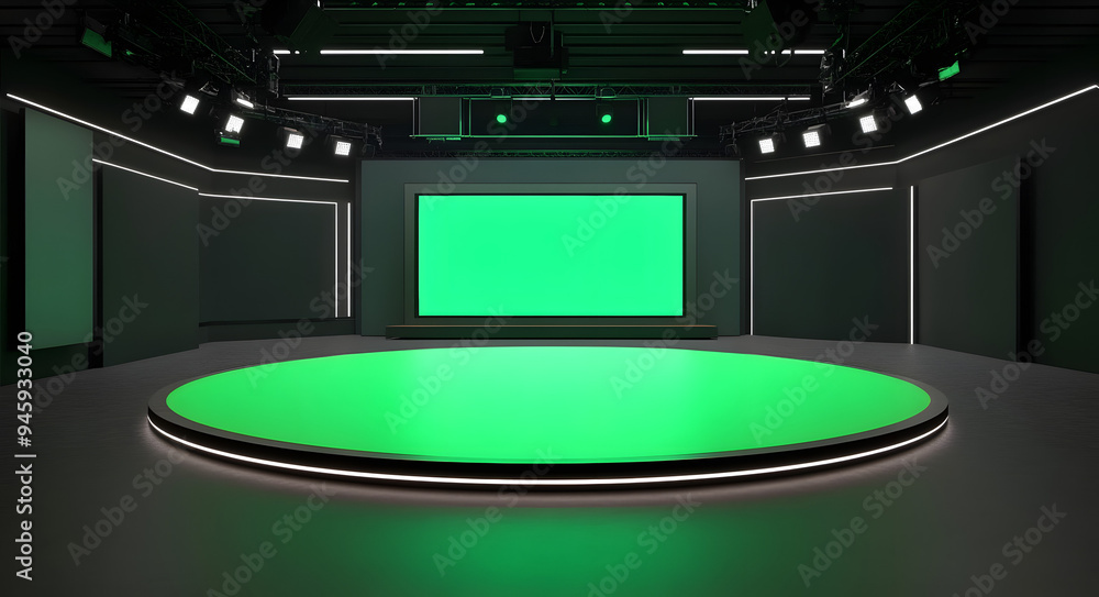 ภาพประกอบสต็อก A Virtual TV Studio Set with a Large Round Green Screen ...