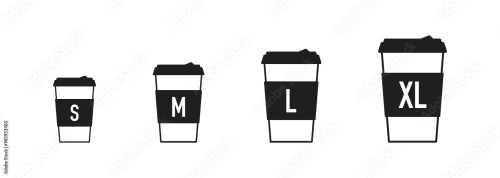Different sizes of paper cups: S, M, L, XL, black silhouettes with ...