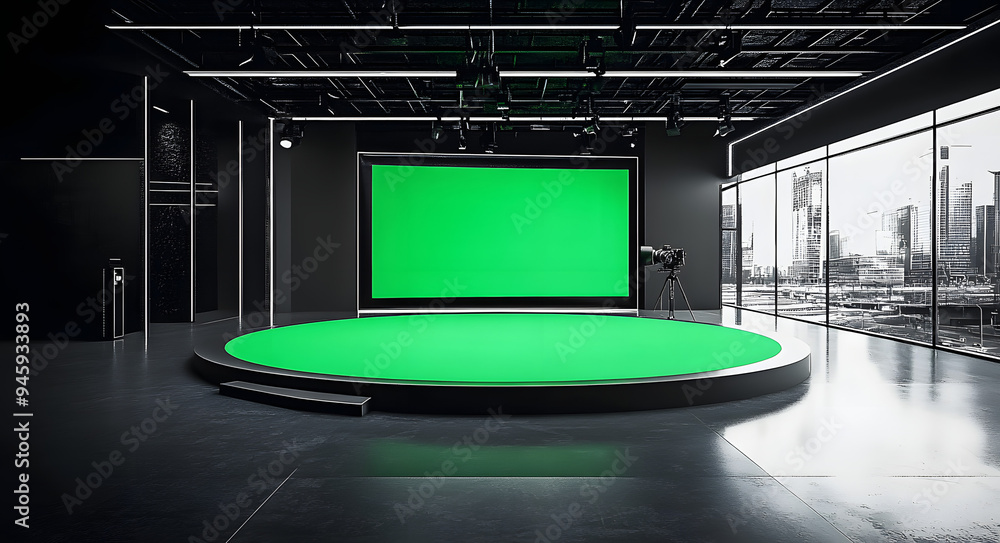 A Virtual TV Studio Set with a Large Round Green Screen, Designed for ...