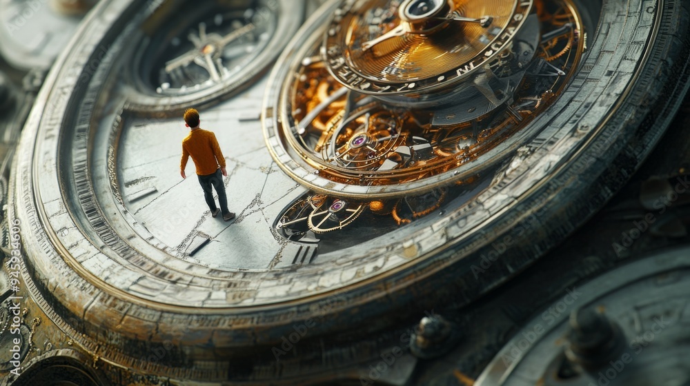 Illustrate a tiny human walking on a massive watch face, blending ...