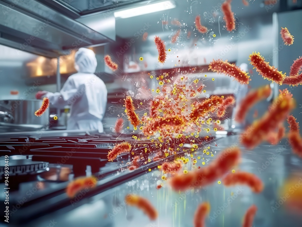 A health and safety poster showing examples of cross contamination in a kitchen, with bacteria ...