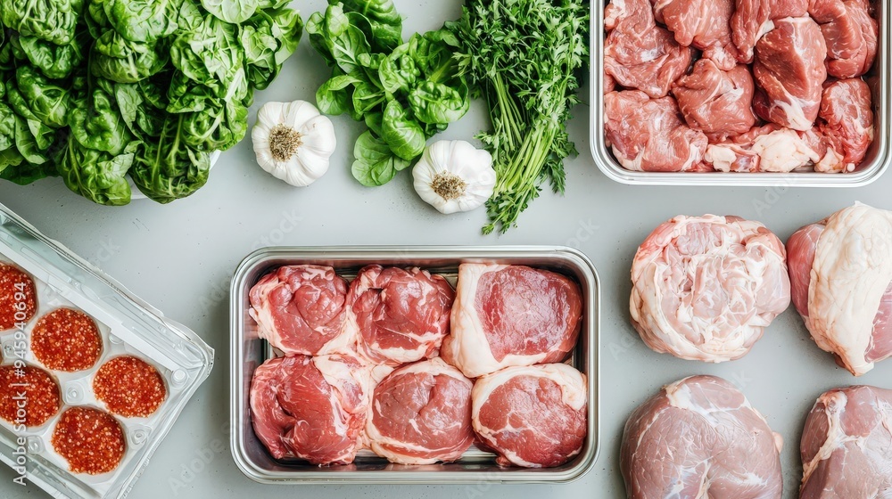 A top down view of a kitchen counter where raw meat and fresh produce ...
