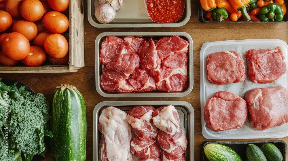 A top down view of a kitchen counter where raw meat and fresh produce ...