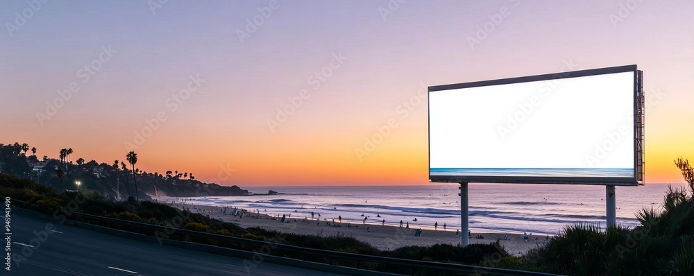 Brightly lit billboard on coastal highway, promoting tourism, surfers ...