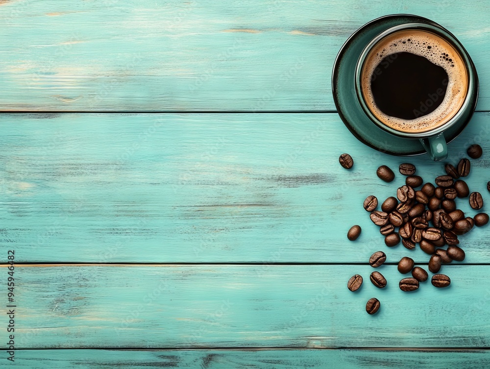 Coffee cup on textured wooden blue background, table, with free space ...