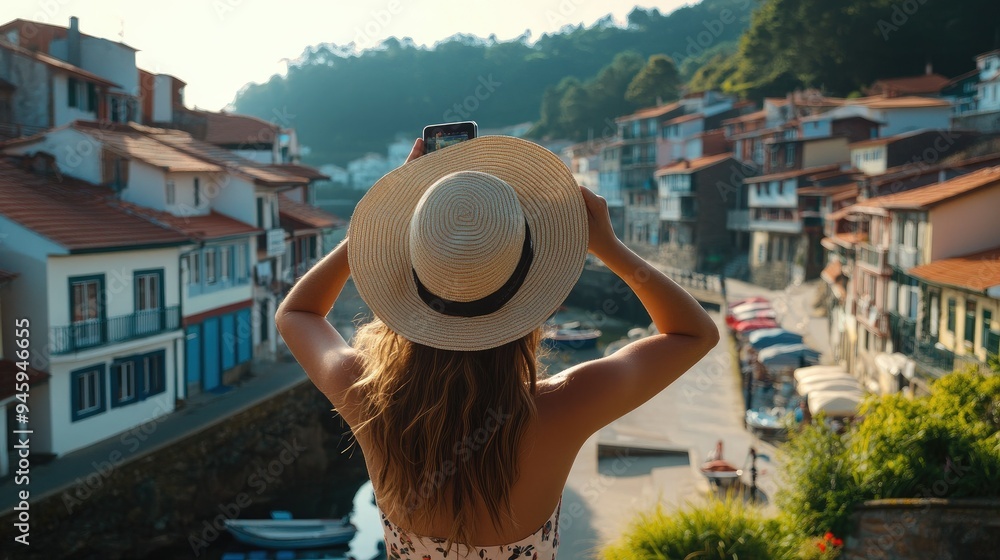 Brunette woman walking towards Cudillero, sun hat shielding her from ...