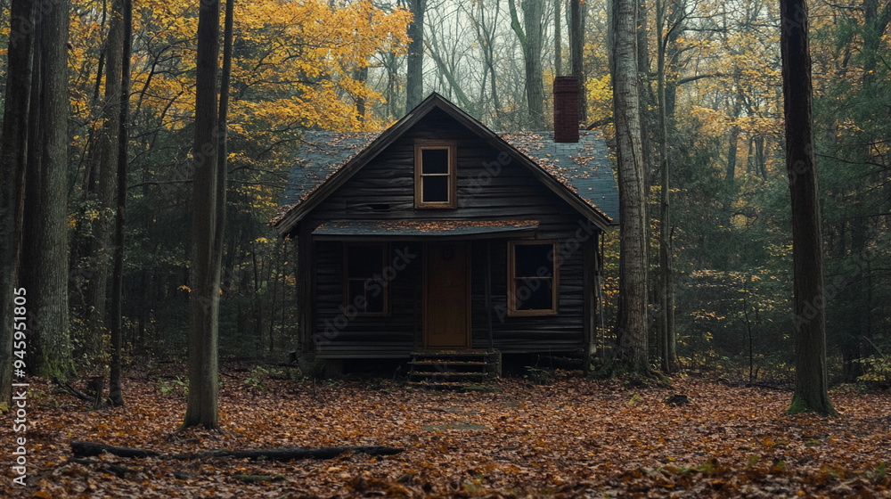 Foto de Scary creepy cabin in the woods with fall foliage on the ground ...