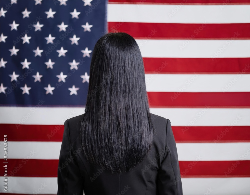 Woman in formal attire facing the American flag, symbolizing the ...