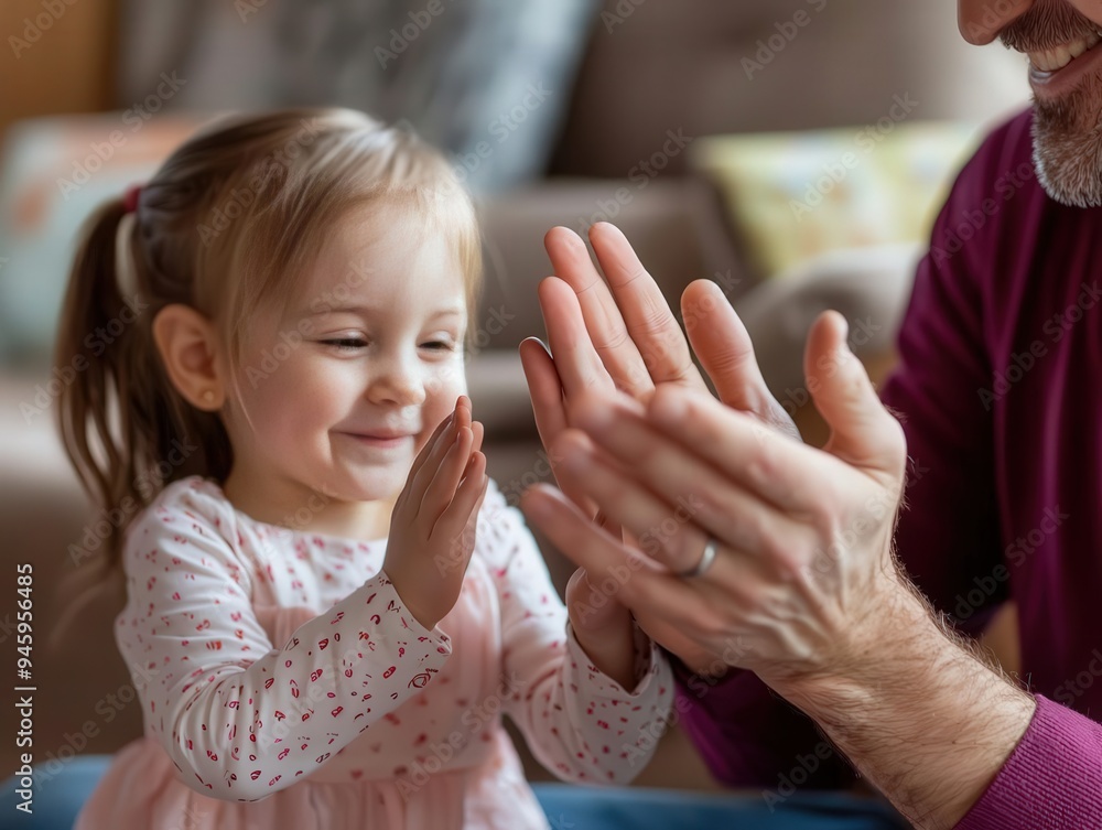 A joyful child and grandparent playfully clapping hands, sharing a ...