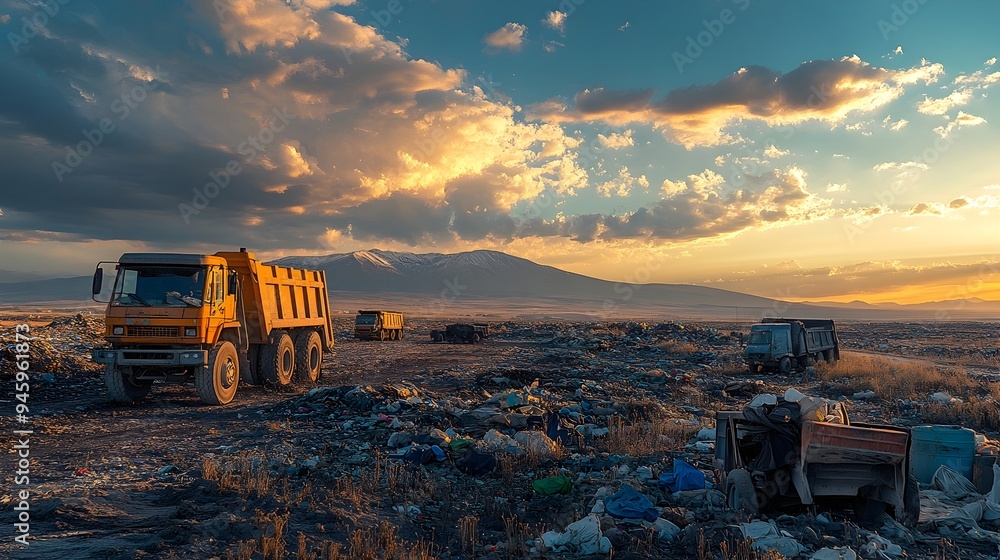 Heavy Waste Disposal at a Landfill Amid Scenic Mountain Landscape Stock ...
