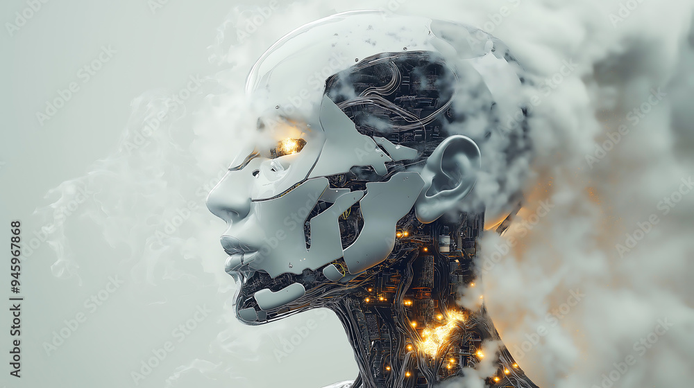 Robot artificial intelligence severely damaged having smoke rises and ...
