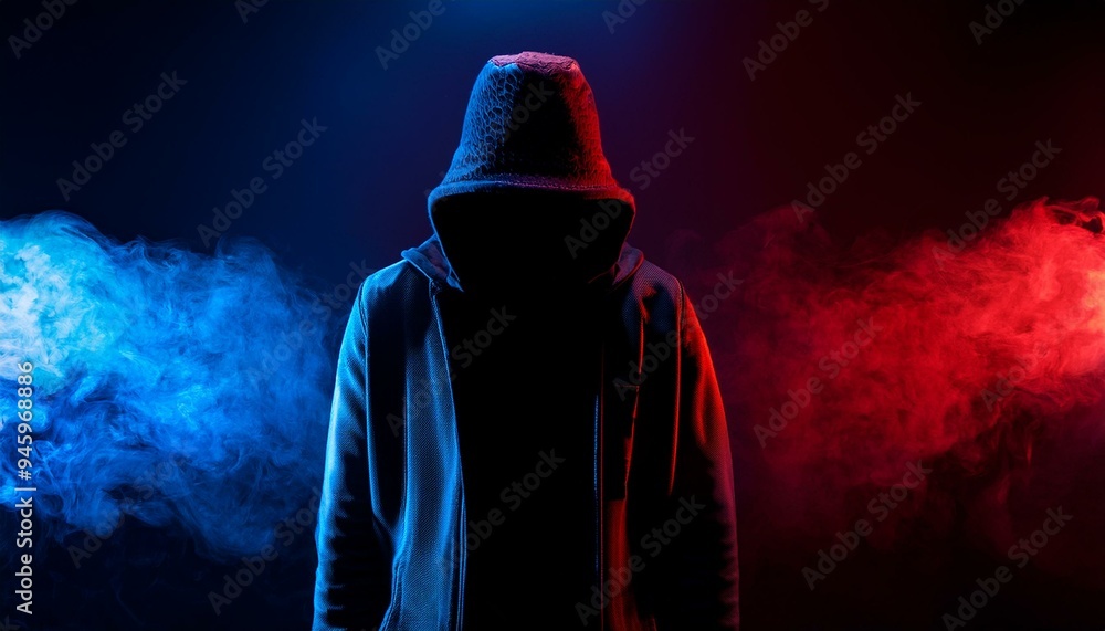 Hacker in the hood silhouette in the dark, black hat, red and blue neon ...