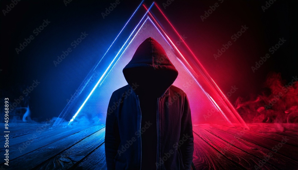 Hacker in the hood silhouette in the dark, black hat, red and blue neon ...