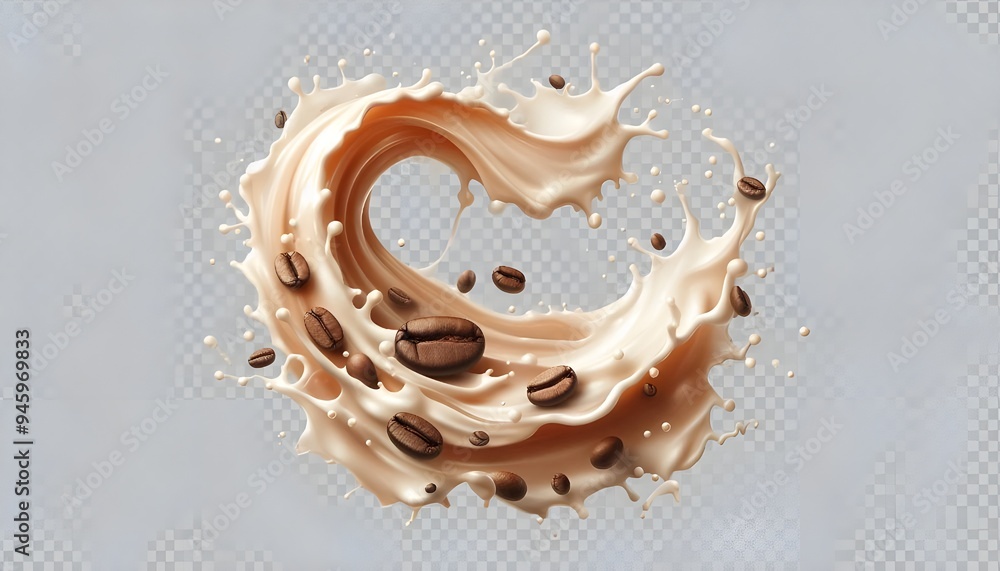 Milk Brown coffee liquid swirl splash and little bubbles with falling ...