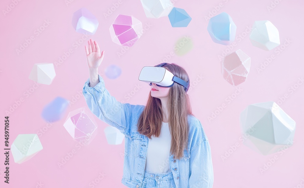 Stock image shows a woman wearing a VR headset interacting with ...