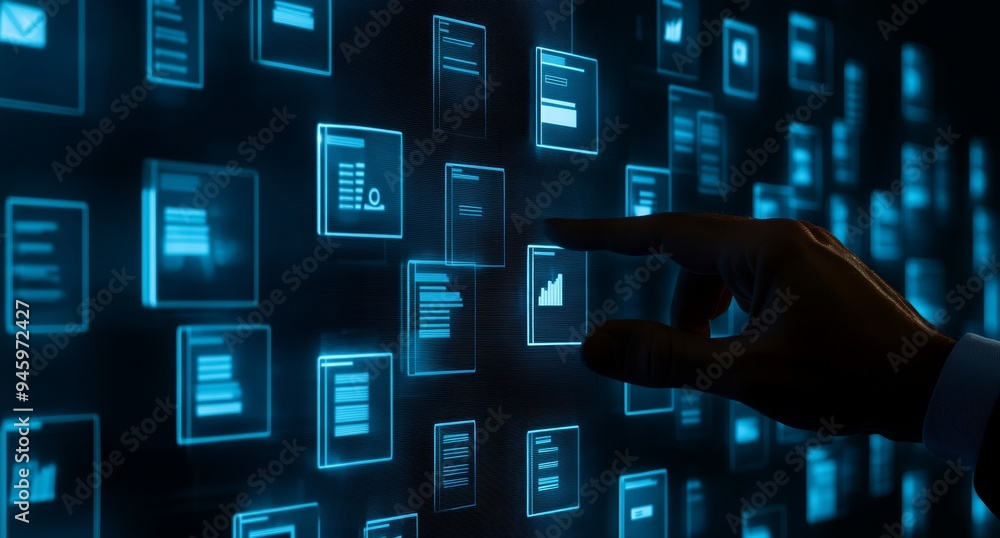 Stock image of a businessman touching a data flow diagram and document ...