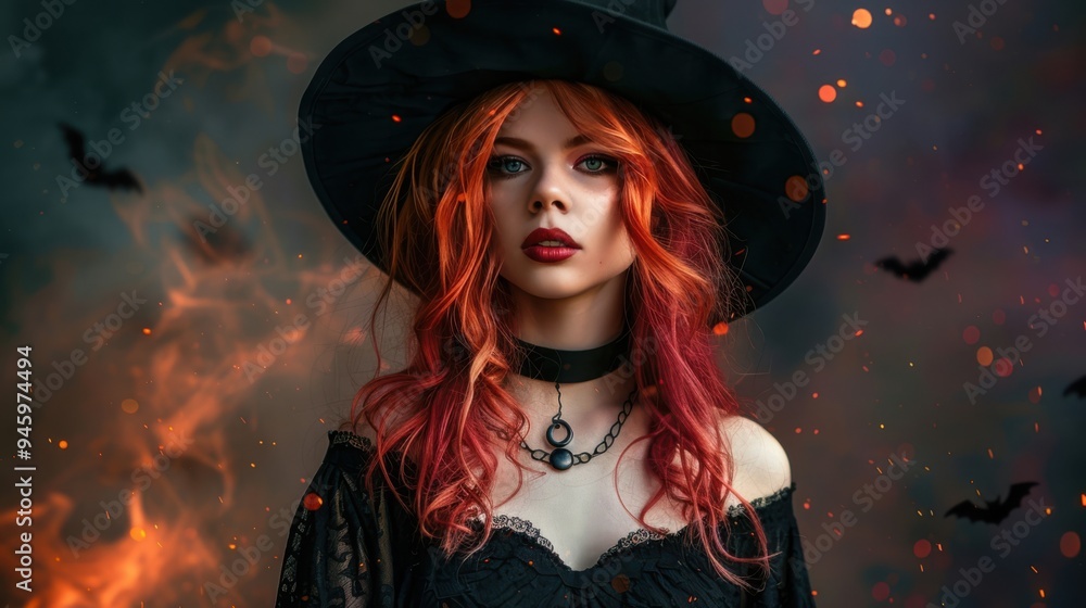 A striking witch with fiery red hair and intense makeup, surrounded by ...